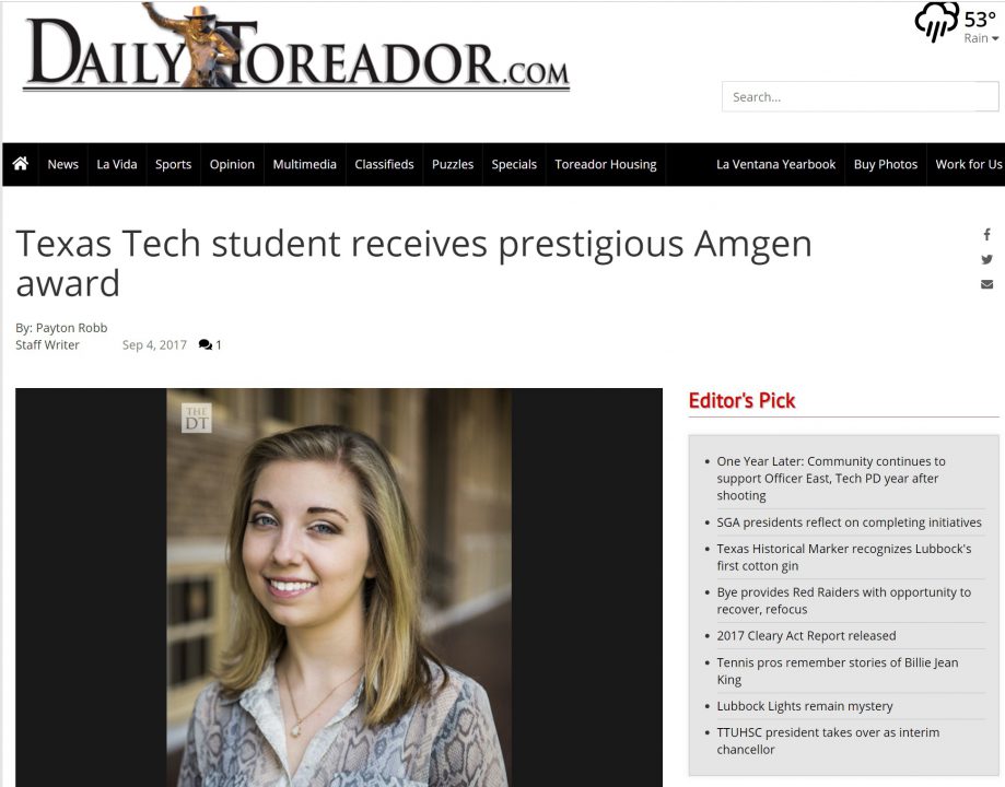 Texas Tech student receives prestigious Amgen award – Amgen Scholars